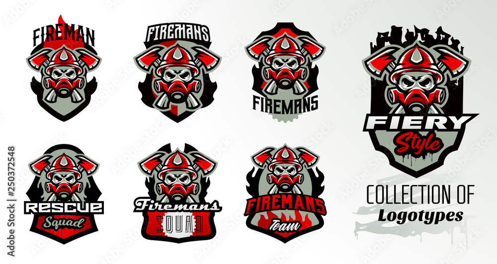 Collection of colorful icons, logos, stickers, emblems fireman s skull ...