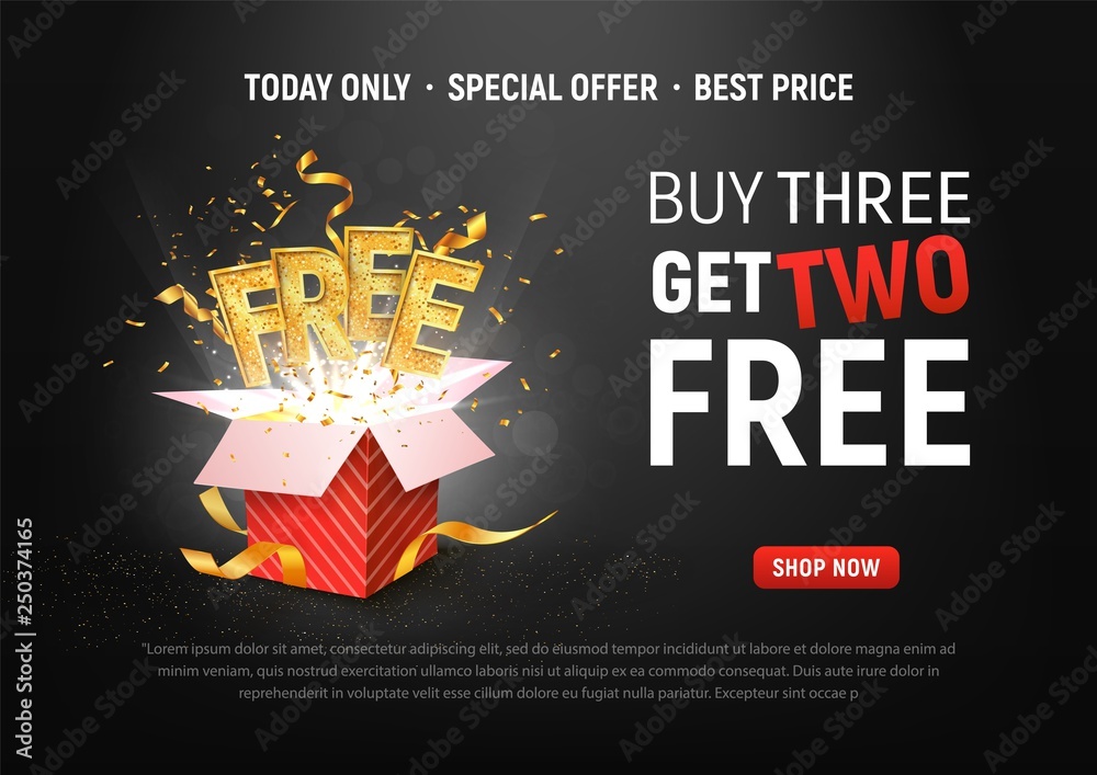 Buy 3 get 2 free vector illustration. Ad Special offer super sale red ...