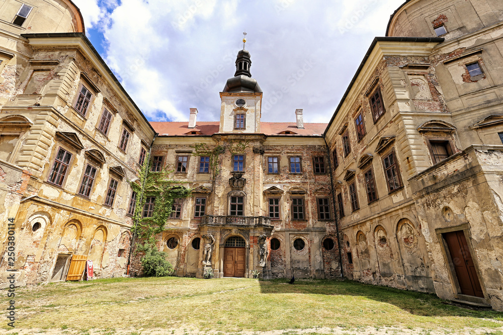Old castle Jezeri court with broken facade on the sunny day Stock Photo ...