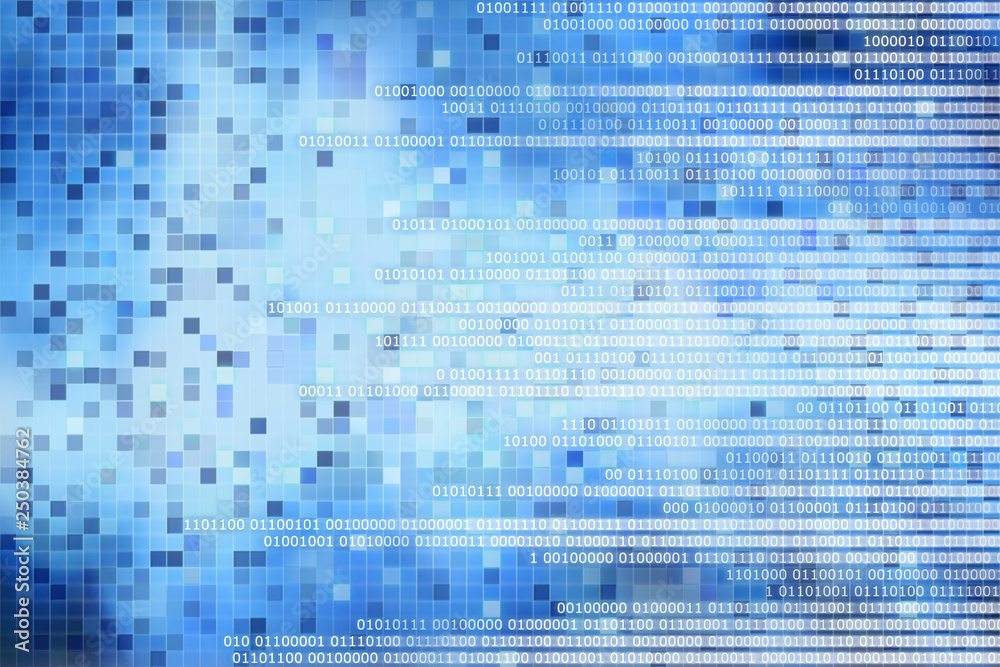 digital computer data concept. white binary code text on blue pixel ...