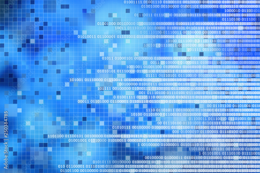 digital computer data concept. white binary code text on blue pixel blocks abstract background ...