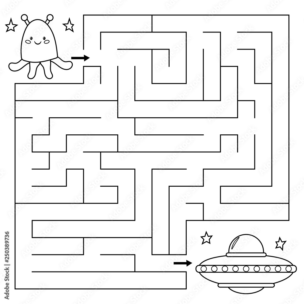 Maze game for children, help the alien find right path to the UFO ...