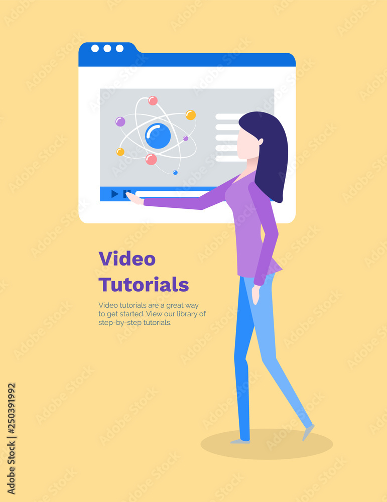 Video tutorials woman learning new information vector. Computer monitor ...