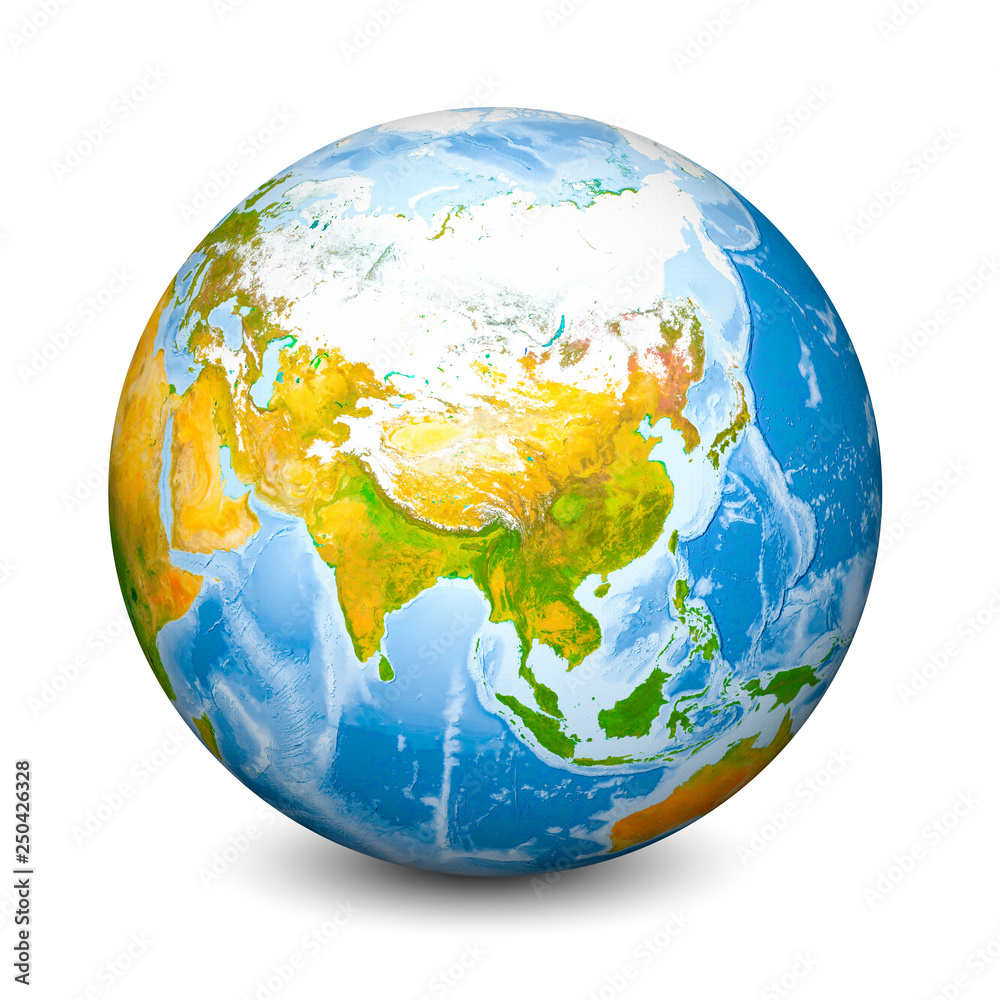 Earth globe focused on Asia. Realistic topographical lands and oceans ...