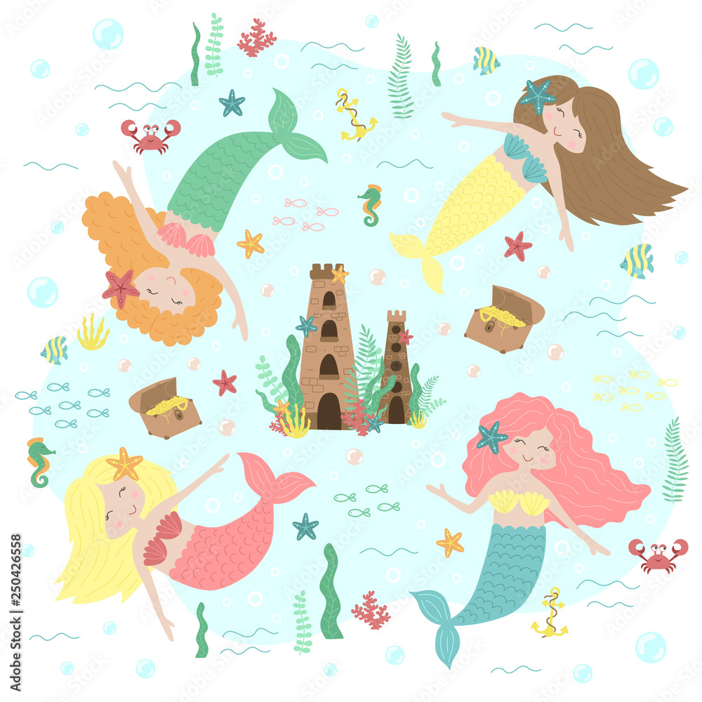 Vector image of cute little mermaids, castle, treasure and sea ...
