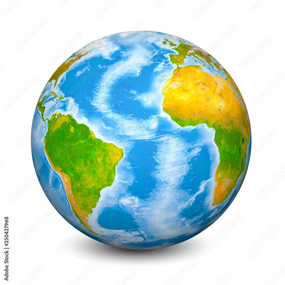 Earth globe focused on Atlantic Ocean. Realistic topographical lands ...