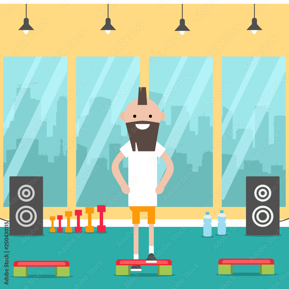 Young character doing cardio step exercise in the gym.Flat cartoon ...
