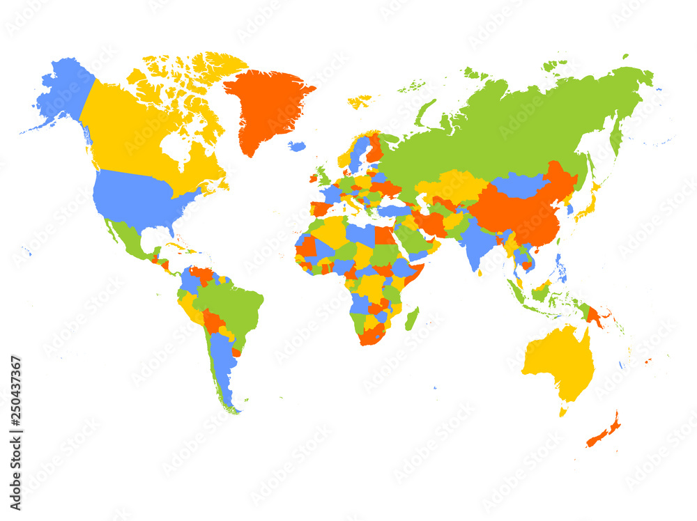 World map in four colors on white background. Blank high detail ...