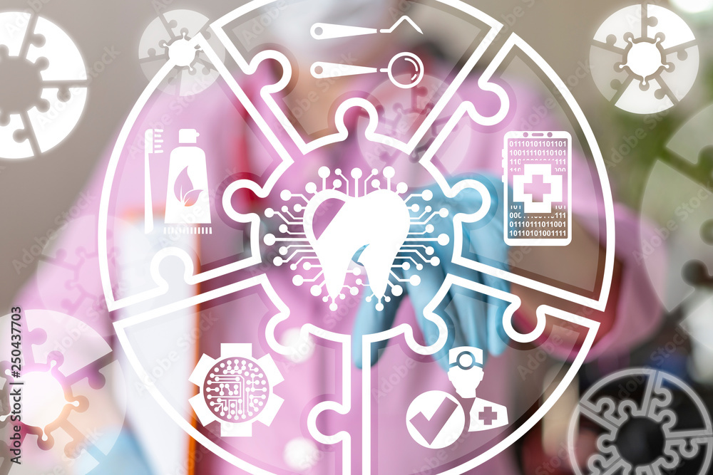 Dentist uses on a virtual screen of the future and touches the icon ...