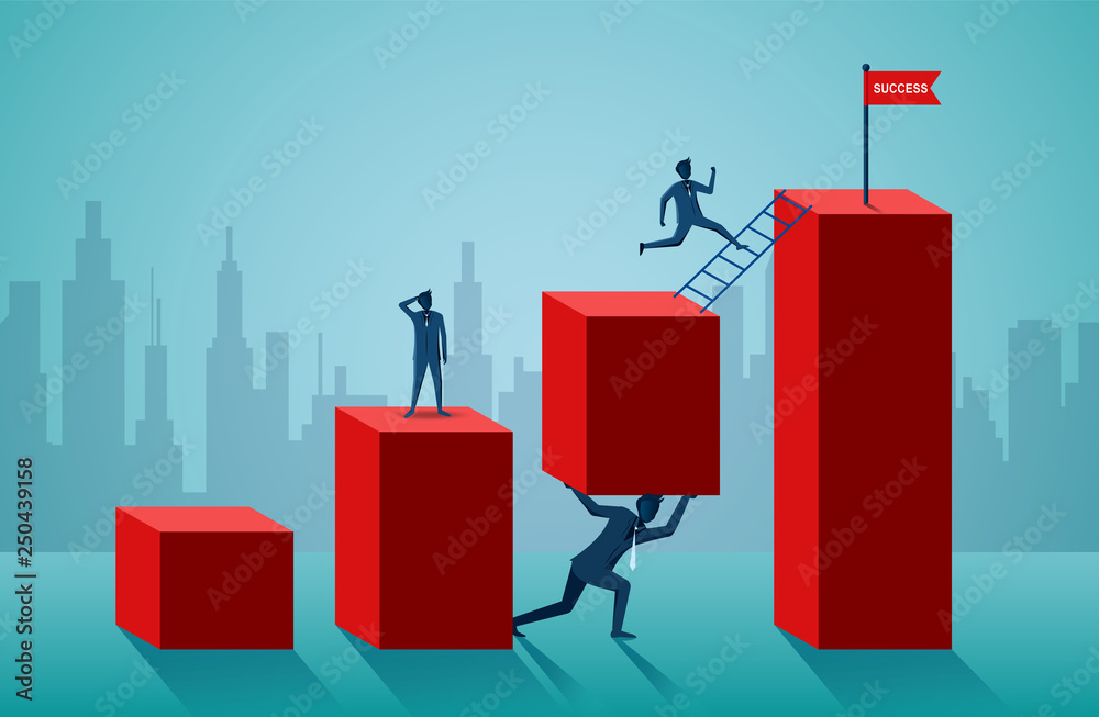 Business teamwork. Businessman competiton on the red bar graph for ...