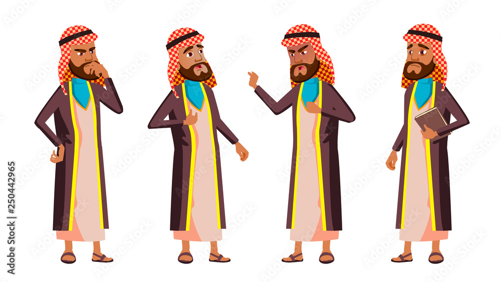 Arab, Muslim Old Man Poses Set Vector. Elderly People. Senior Person ...