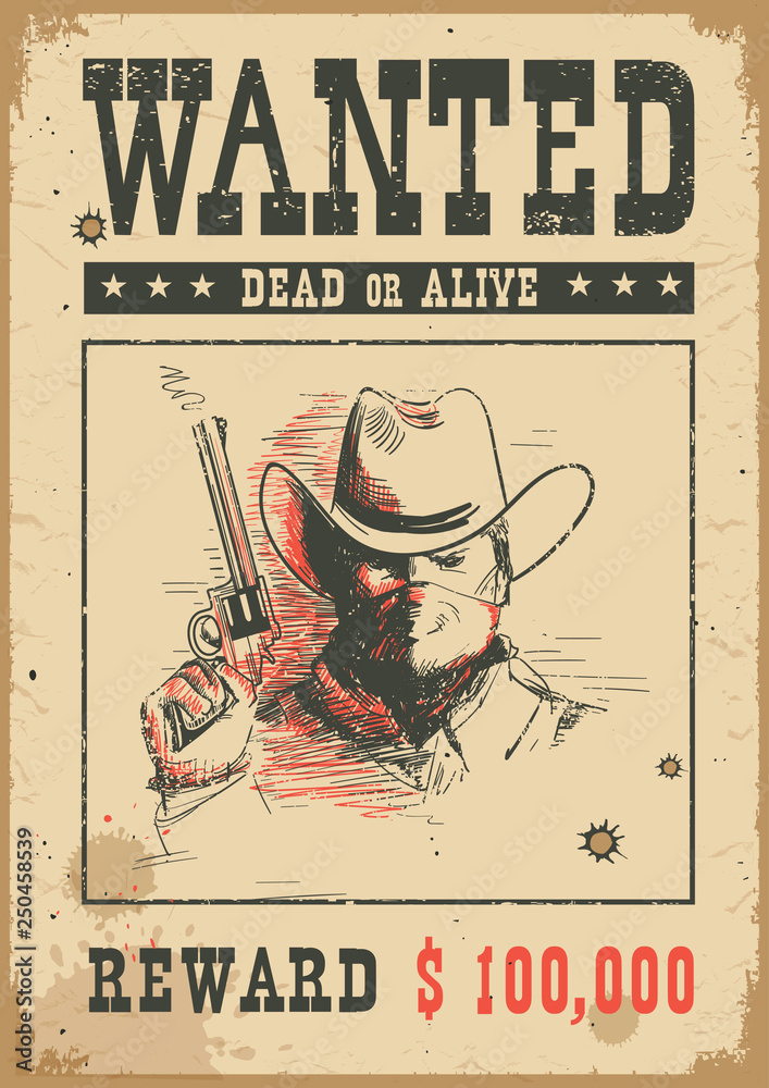 Wanted poster.Vector western illustration with bandit man in mask ...