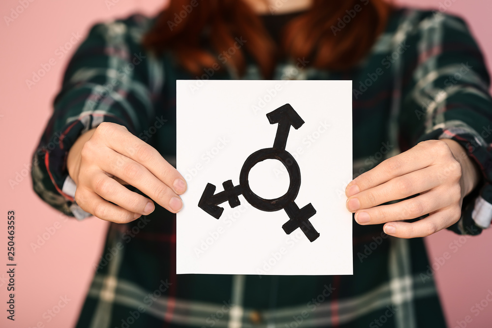 Woman showing symbol of transgender on color background, closeup Stock ...
