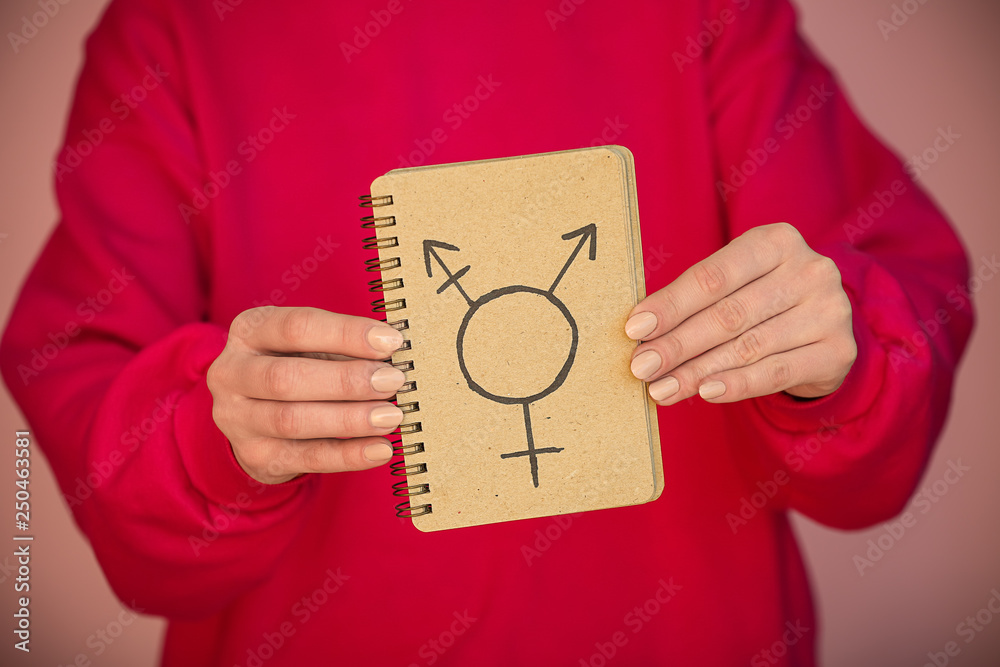 Woman showing symbol of transgender on color background, closeup Stock ...