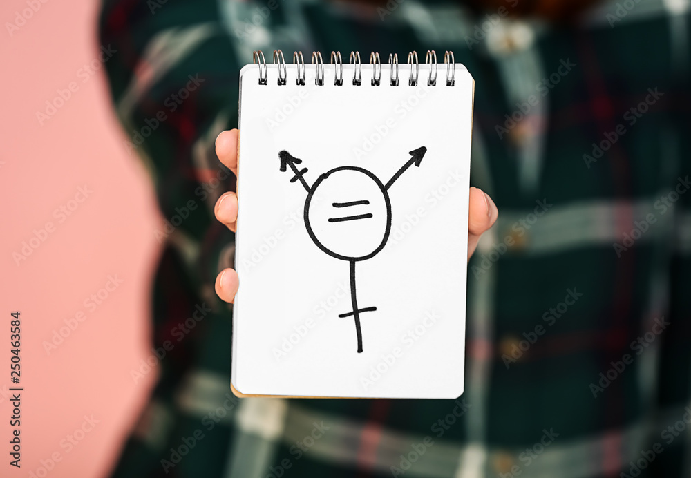 Woman showing symbol of transgender on color background, closeup Stock ...