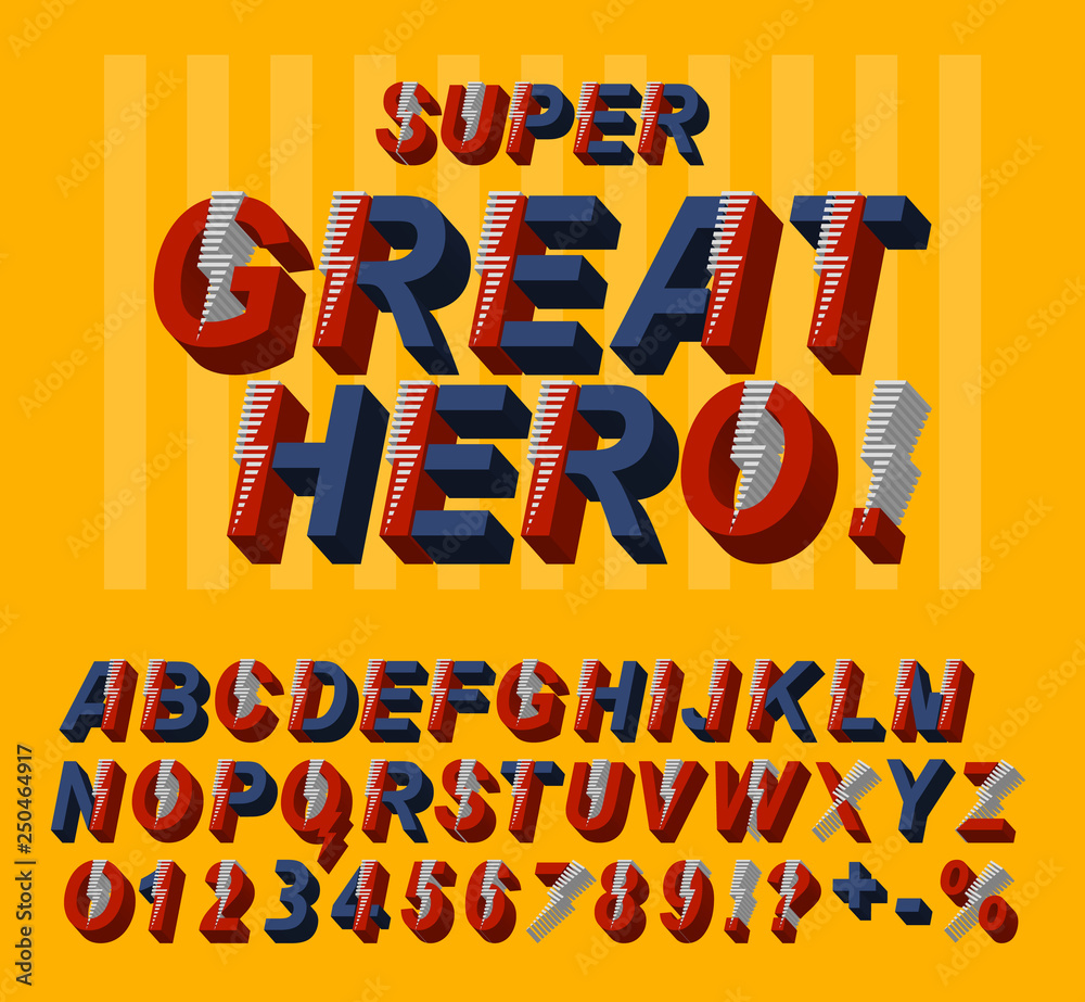Great hero font. 3D alphabet letters and numbers in a comics style ...