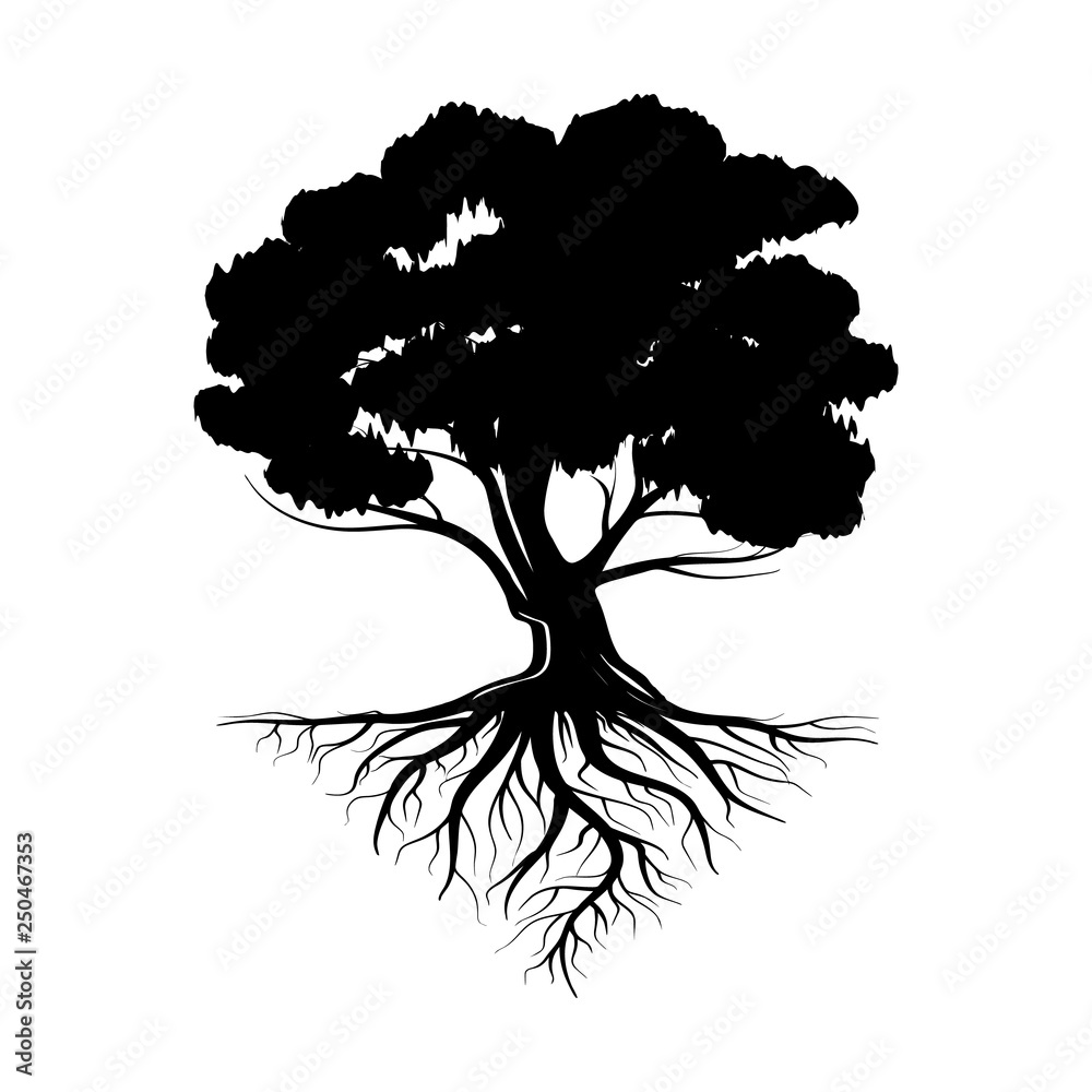 Logo of a black life tree with roots and leaves. Vector illustration ...
