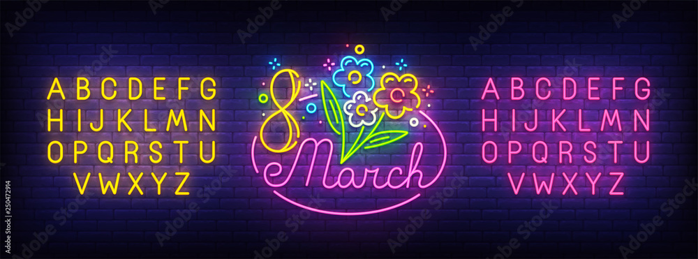 8 March neon sign, bright signboard, light banner. Women Day logo ...