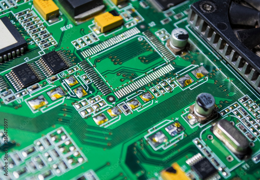 The motherboard of green color from the personal computer. Repair ...