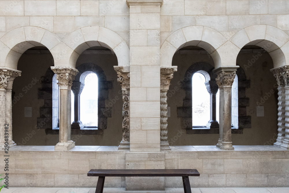 Stone faced church castle gothic interior sitting area. Peaceful seren ...