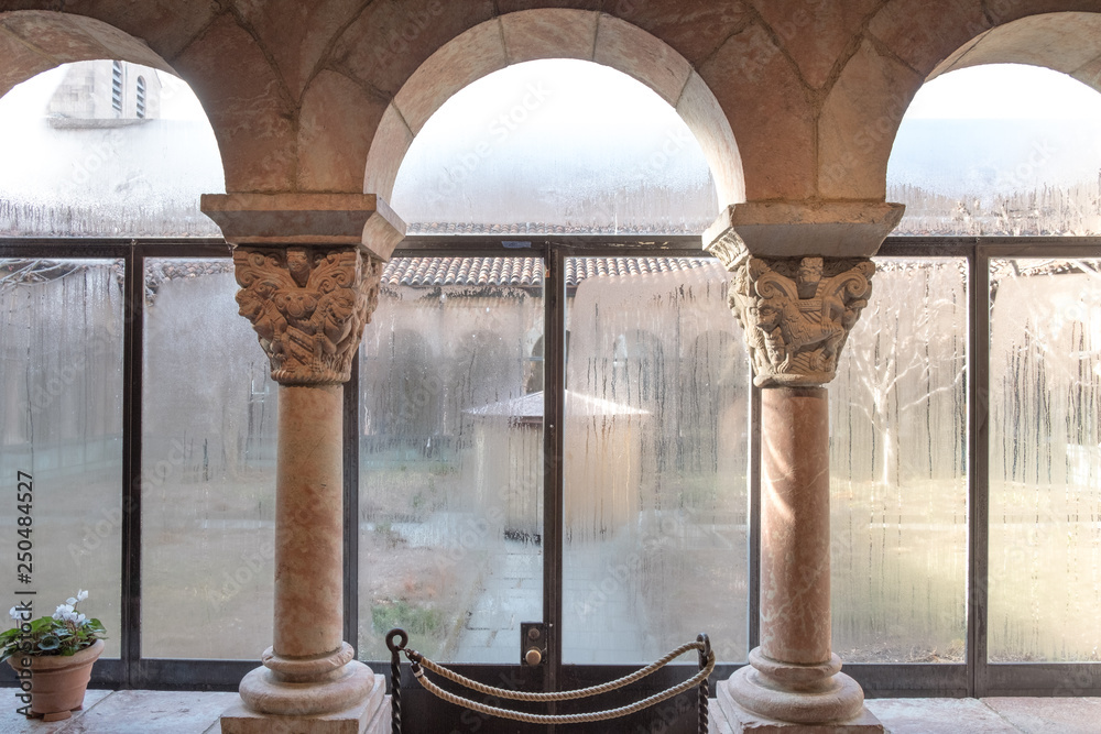 Stone faced architectural window frame. Interior design and detail ...