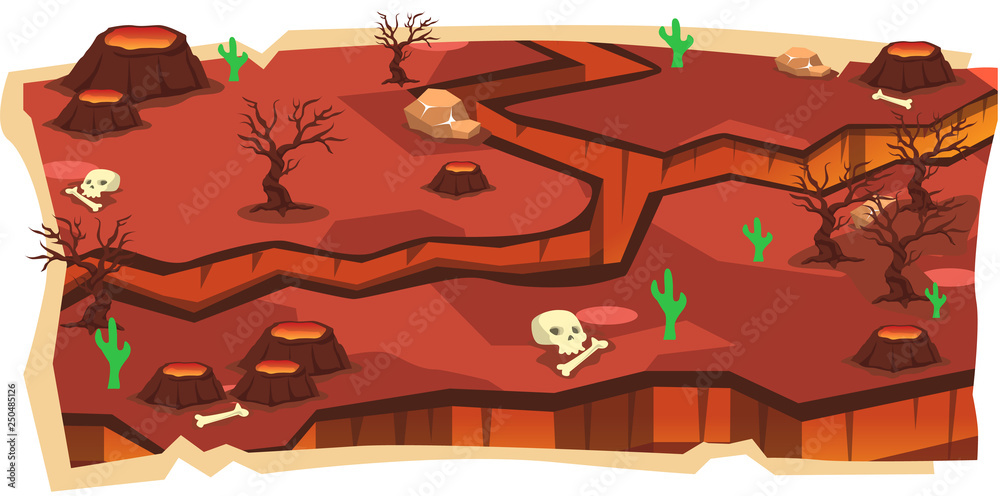 Volcano Magma 2D Game Maps and Red Land, Skull, Bone, Lava, Cactus, Dry ...