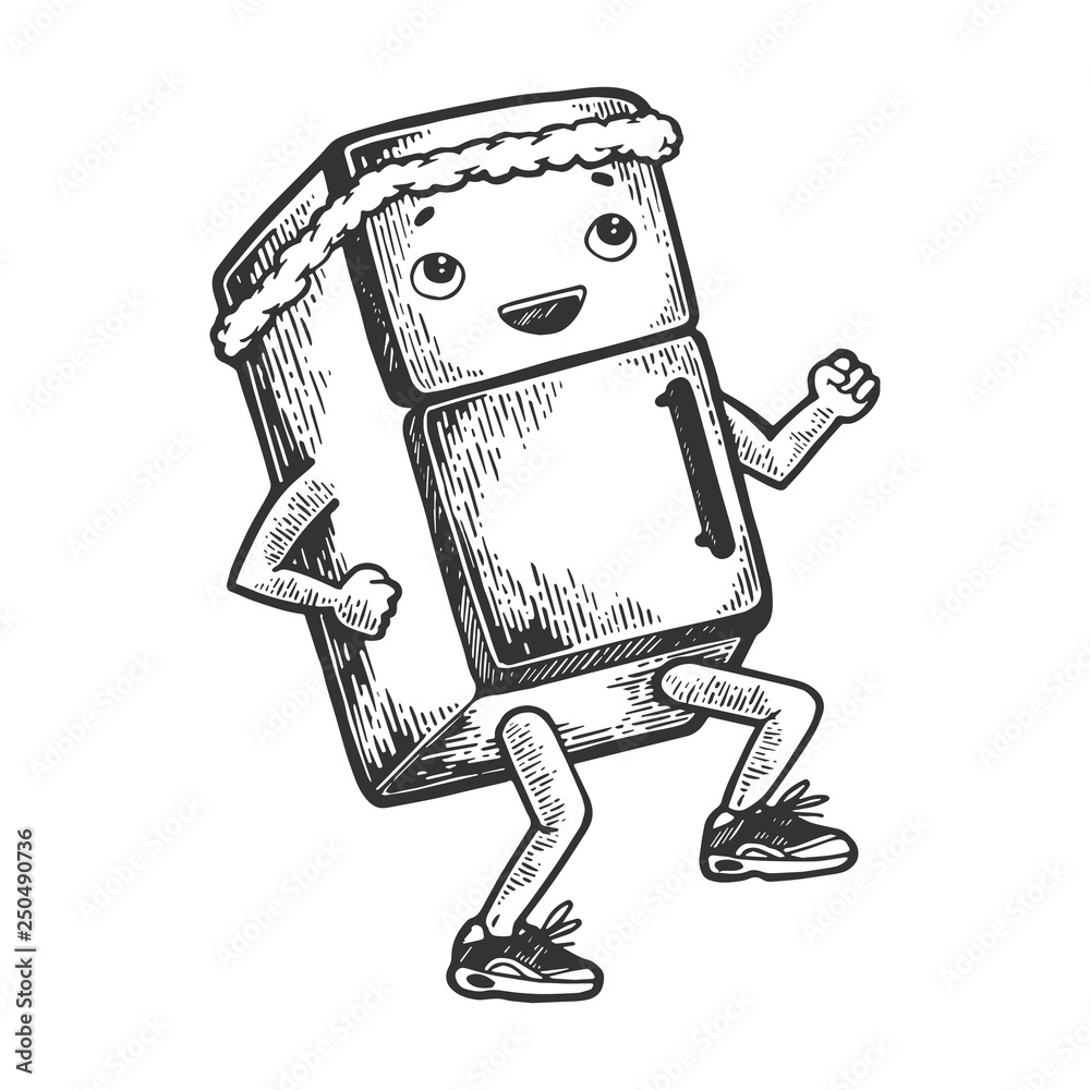 Fridge runner on its feet cartoon character sketch engraving vector ...