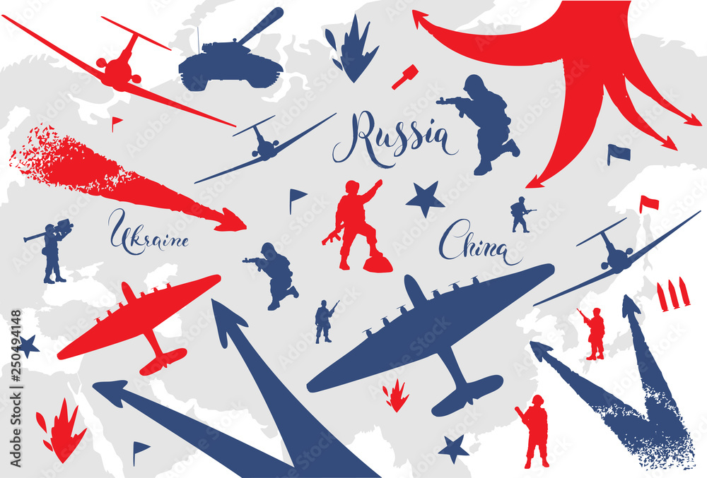 War conflict on the map in retro style. Military set Stock Vector ...