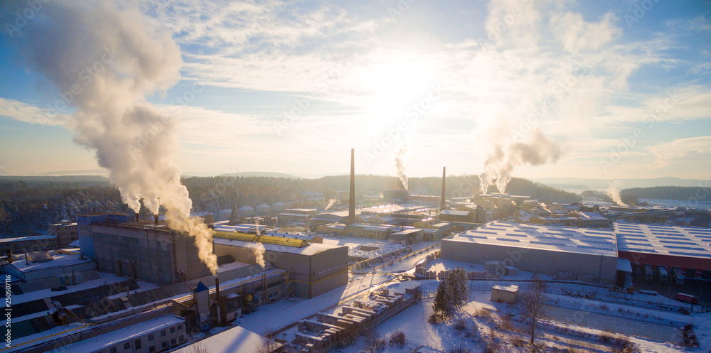 Aerial view to smoking stacks from industrial area near Pilsen. Air ...