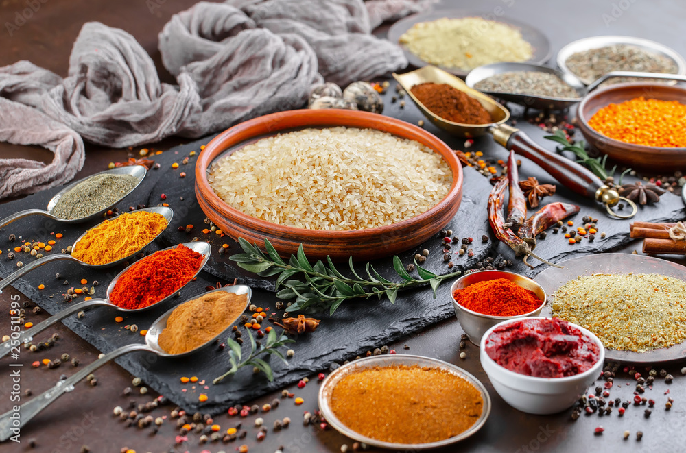 Spices and seasonings for cooking in the composition on the table Stock ...