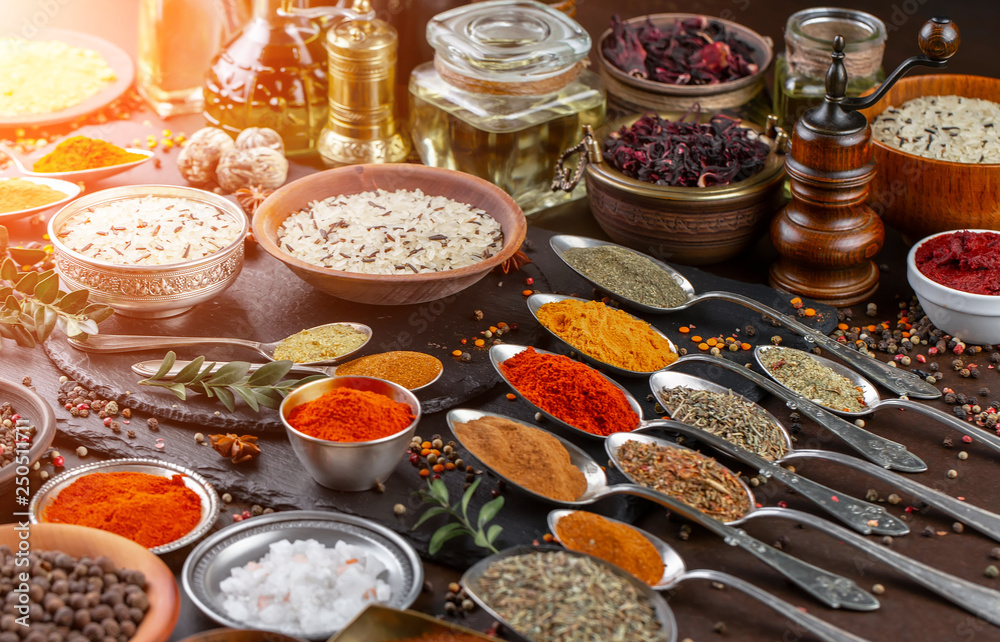 Spices and seasonings for cooking in the composition on the table Stock ...