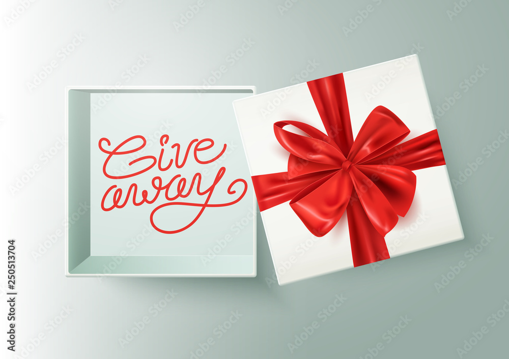 Giveaway advertisement banner, open gift box with decorative red bow ...
