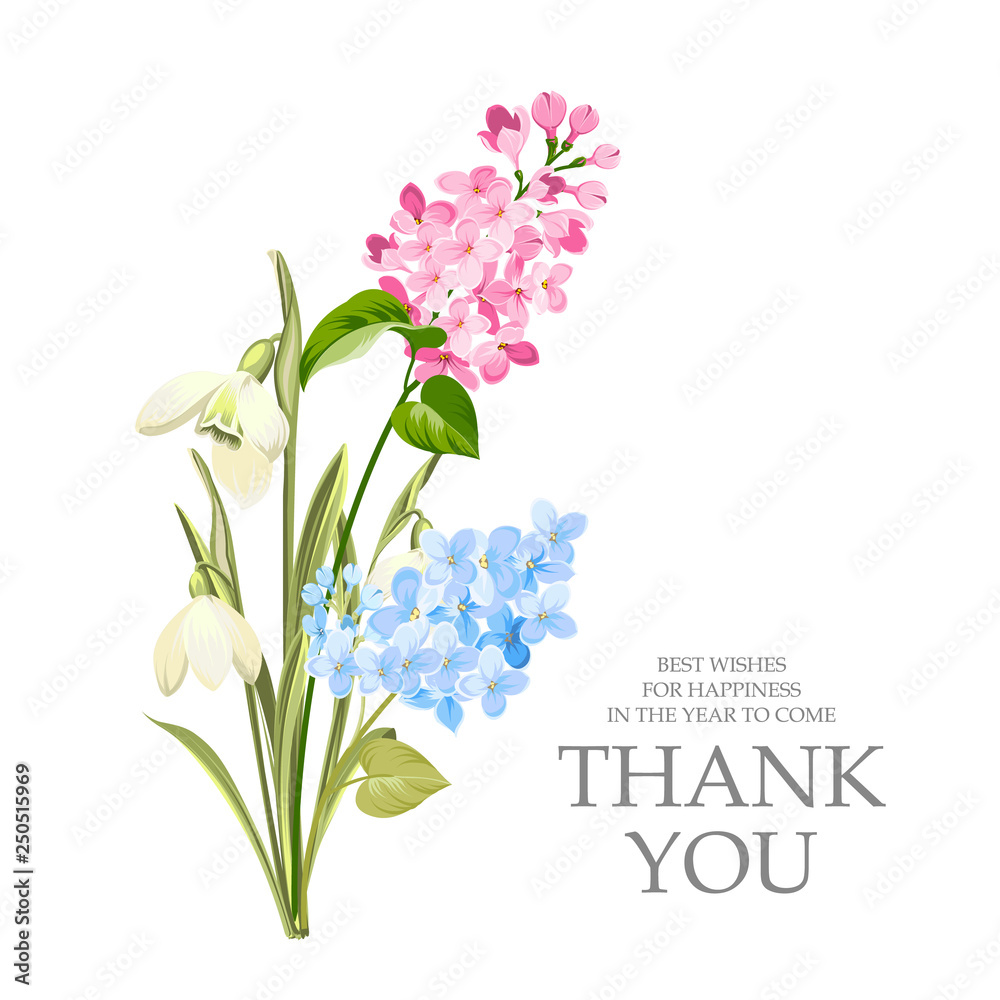 Thank you card with template sign and spring flower garland. Lilac and ...