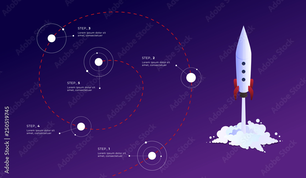 Startup Route to Success. Rocket ballistics path Timeline. Vector ...