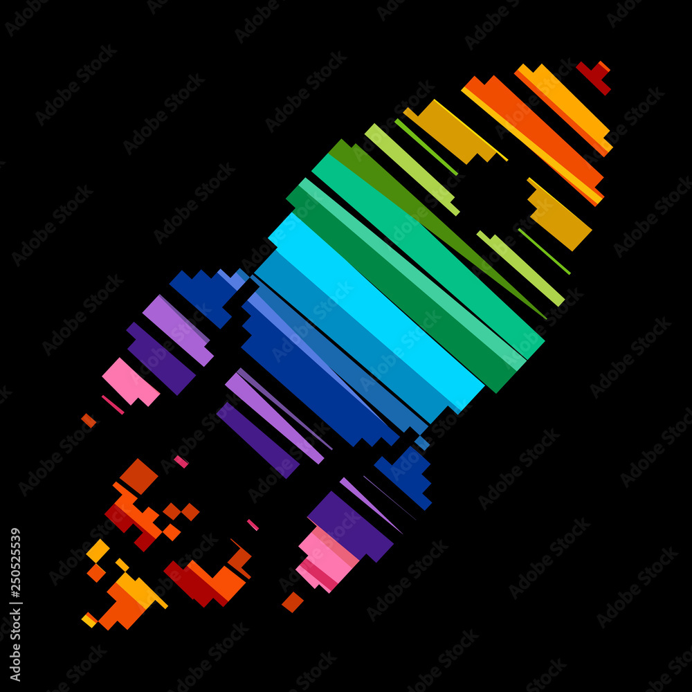 Vector illustration of colorful cartoon spaceship. Pixel art. 8 bit ...