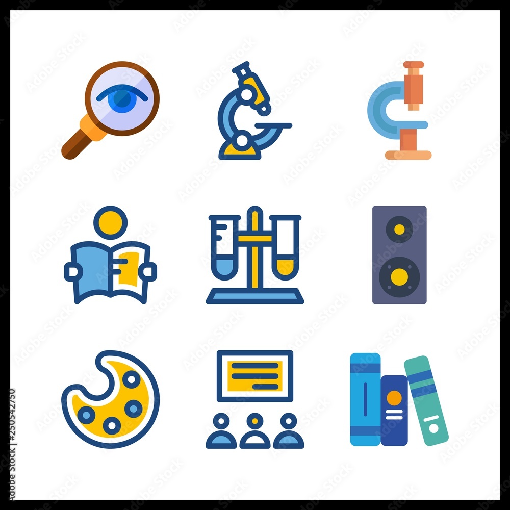 9 study icon. Vector illustration study set. speaker and microscope ...