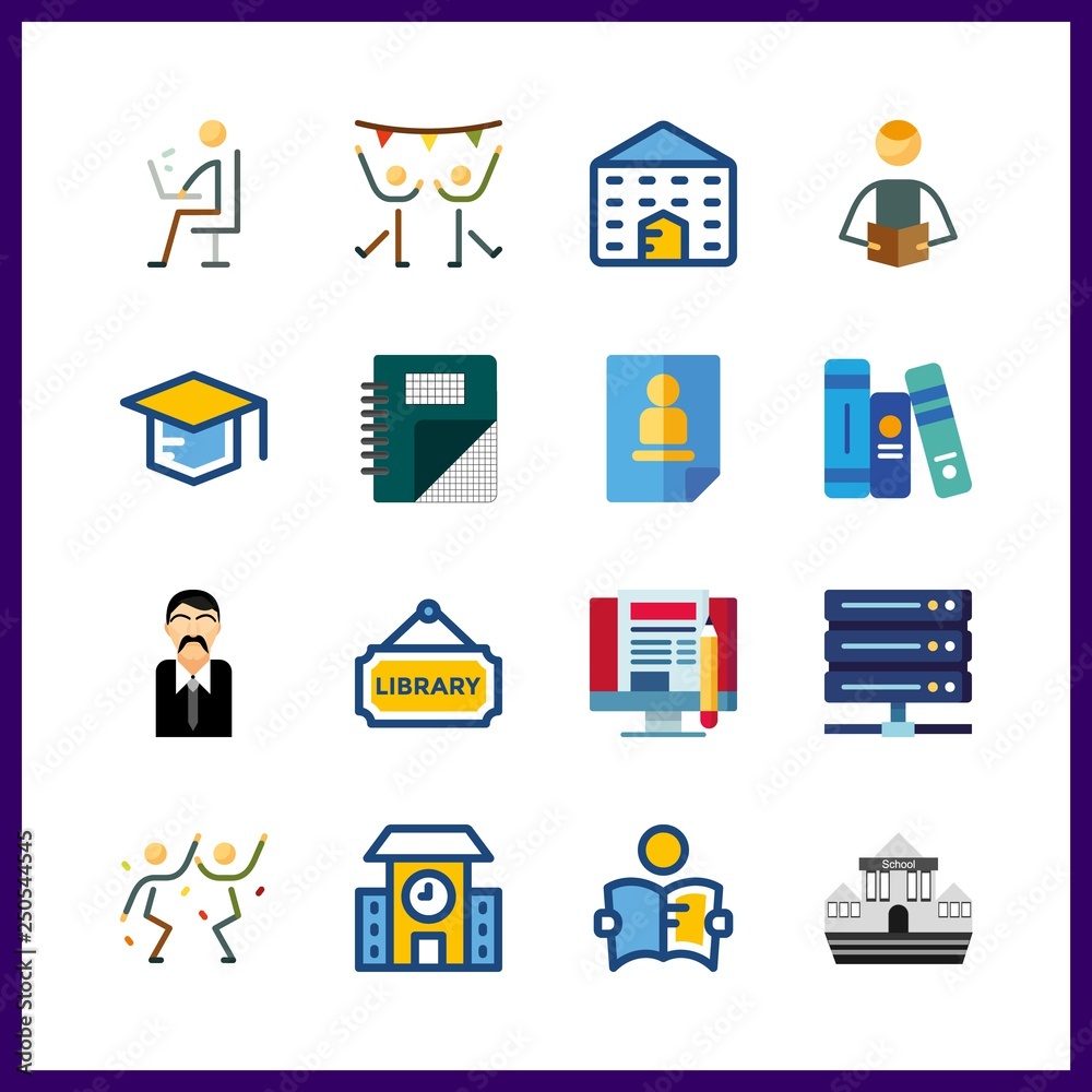 16 learning icon. Vector illustration learning set. dancing and server ...