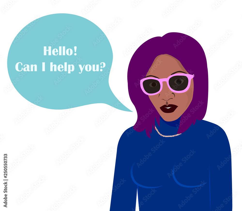 black woman's silhouette and comics balloon with text Hello, can I help ...
