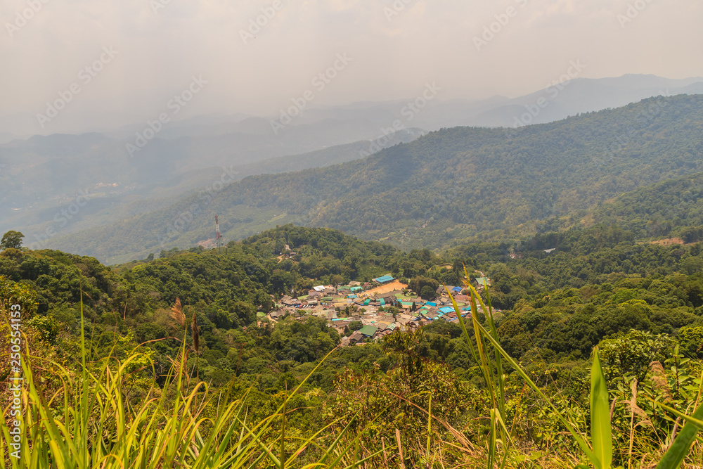 Doi Pui’s Hmong ethnic hill-tribe village, aerial view from the cliff ...
