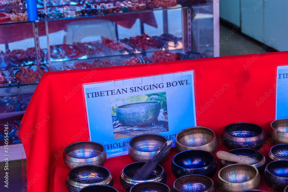 Tibetan singing bowls for sale at the antique market. Singing bowls ...