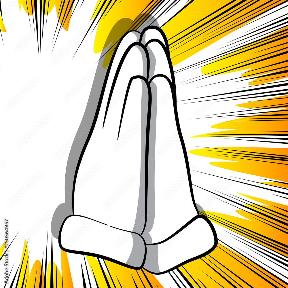 Vector cartoon praying hands. Illustrated hand sign on comic book ...