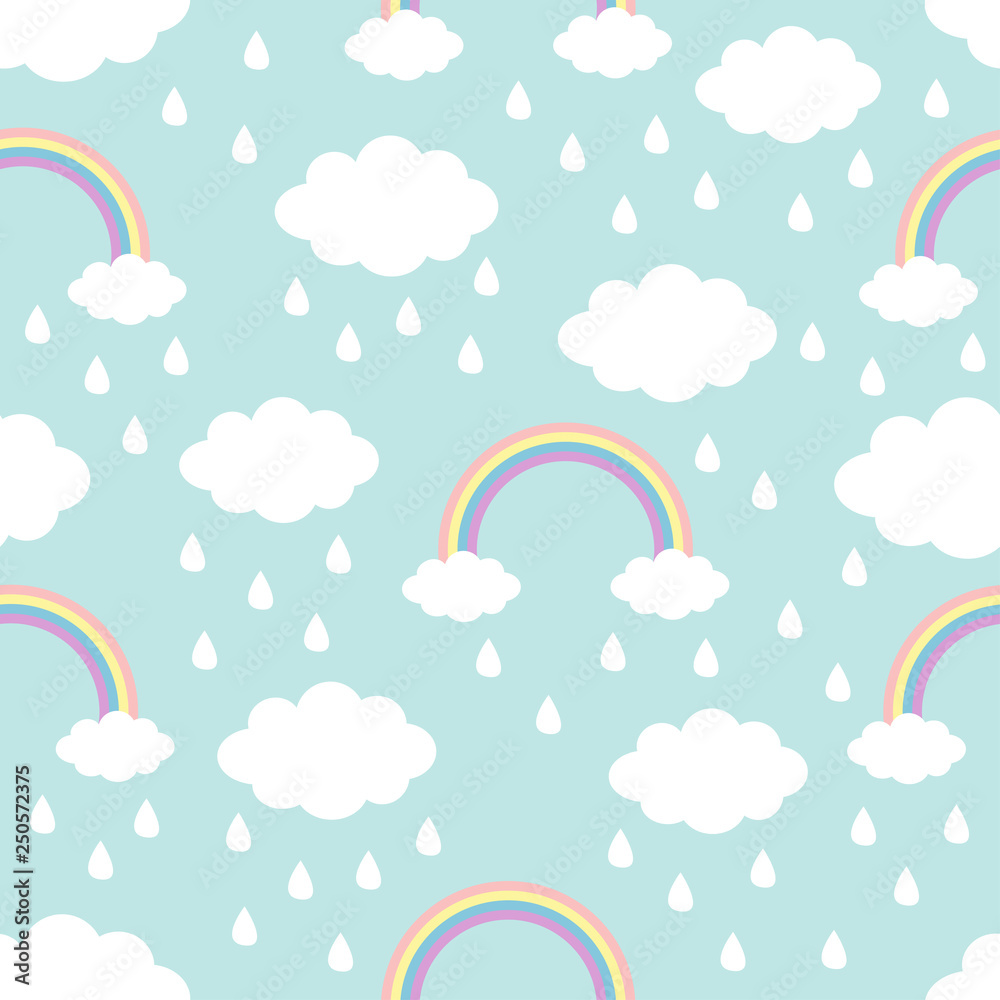 Seamless Pattern. Cloud Rainbow Rain drop in the sky. Cute cartoon ...