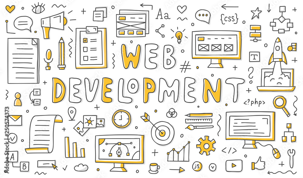 Set of web development doodles. Vector line art. Elements for your ...