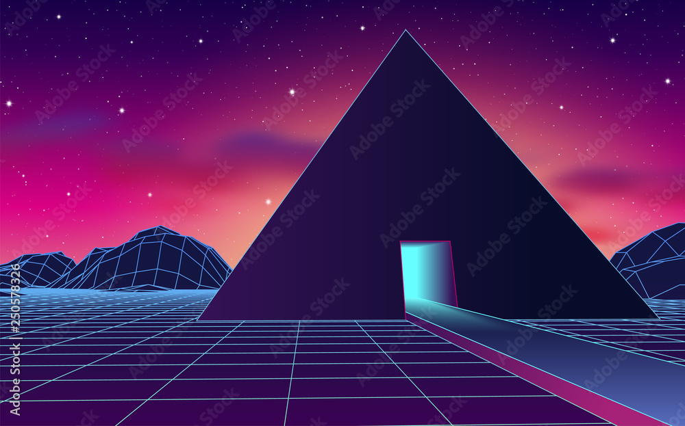 Ancient mysterious pyramid in 80s styled neon landscape with purple sky ...