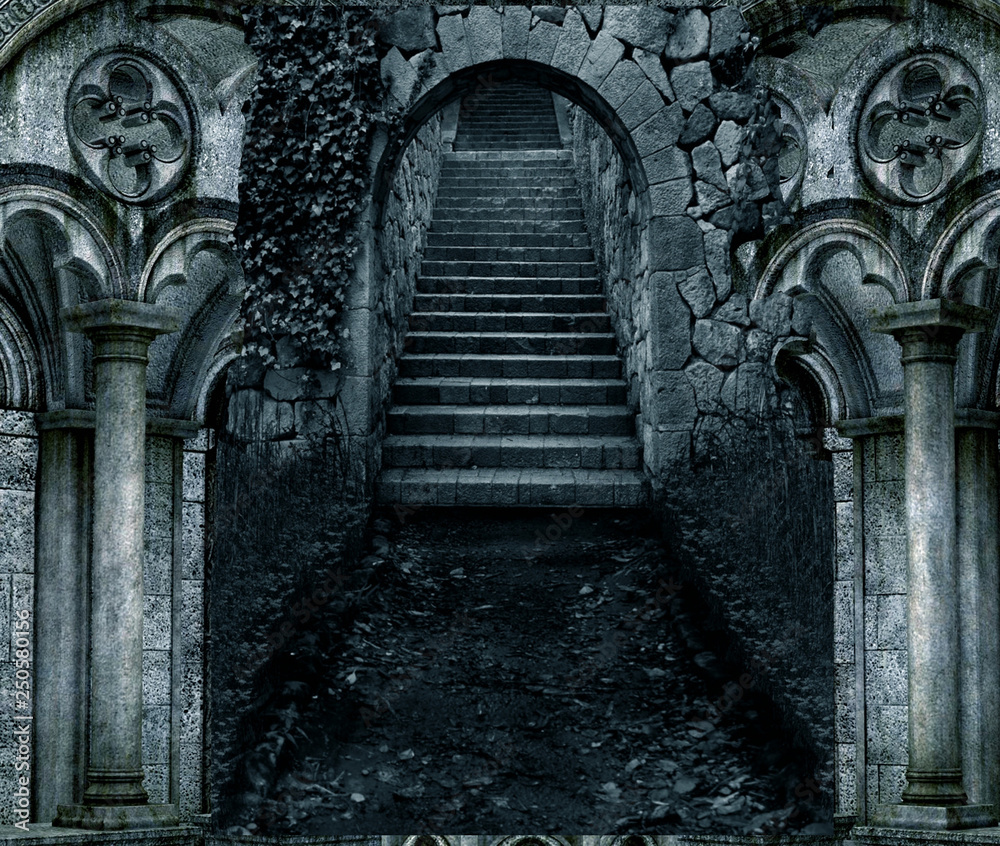 an illustration of dark scary stone stair entrance with stone ...