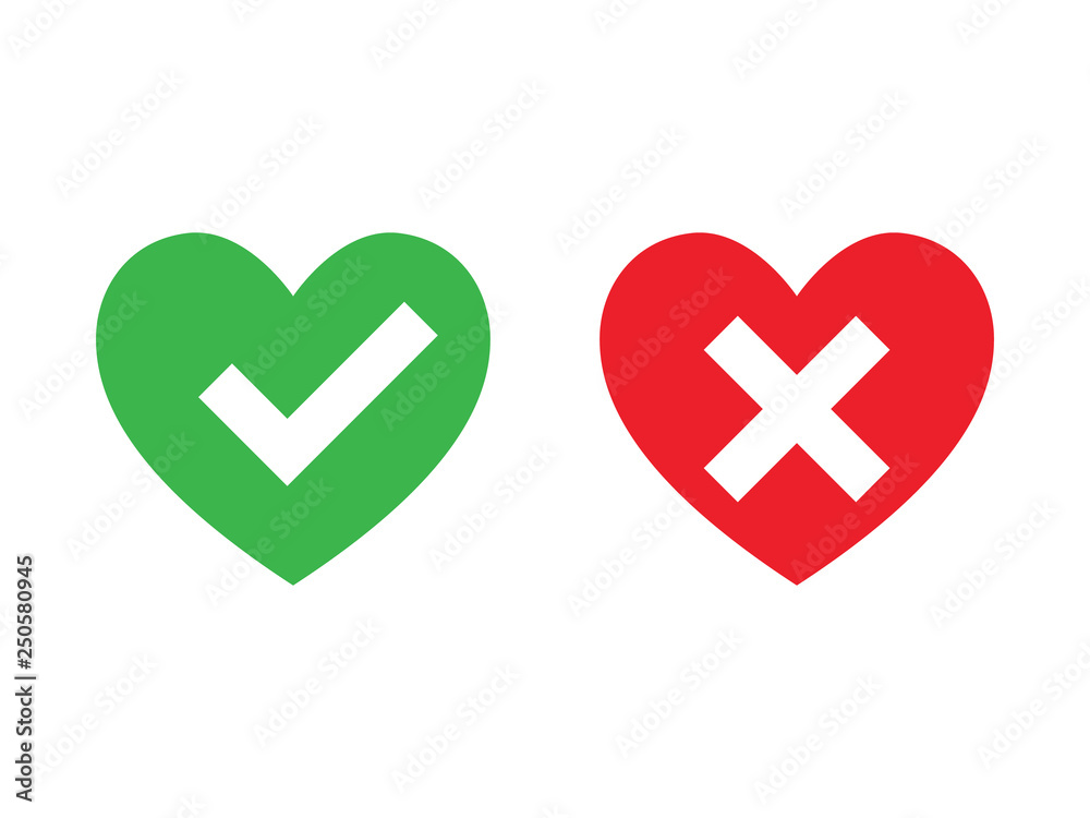 Tick and cross signs in heart. Green checkmark OK and red X icons ... Tick and cross signs in heart. Green checkmark OK and red X icons ...