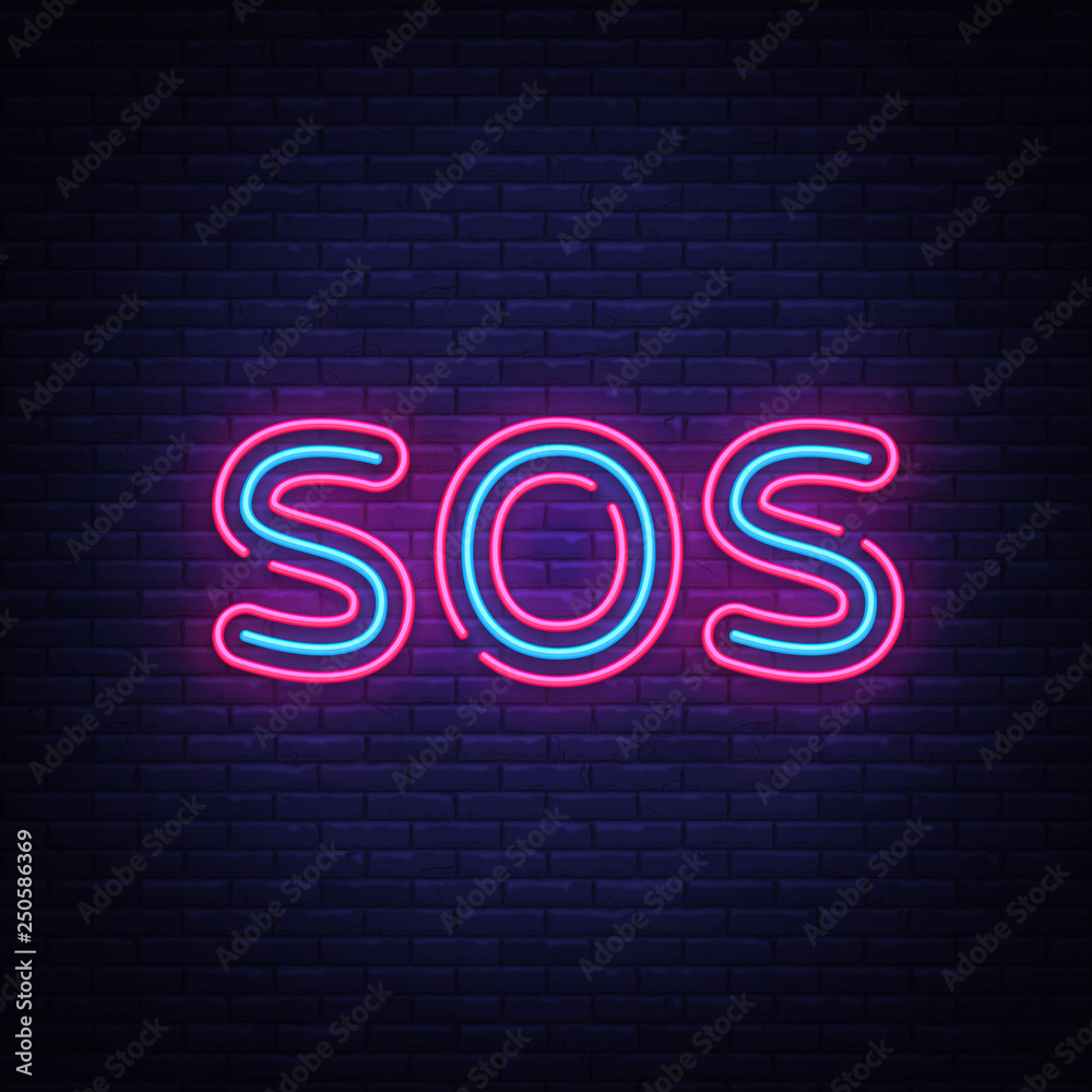 Sos neon text vector design template. Sos neon sign, light banner ...