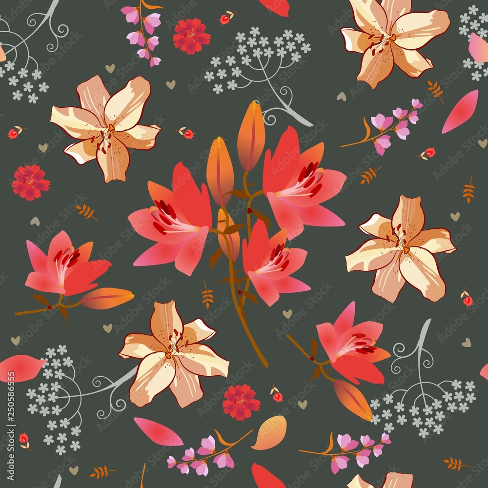 Seamless ditsy floral pattern with pink and golden lilies, bell and ...