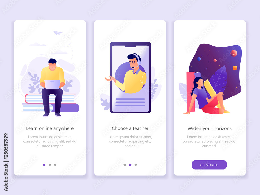 Online education, School, Studying, Courses. Onboarding screens user ...