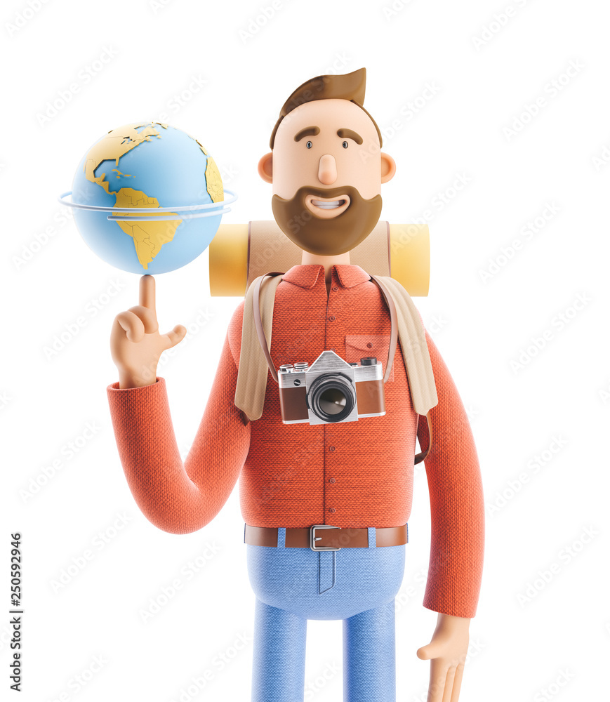 Cartoon character tourist stands with a large map pointer and globe. 3d ...